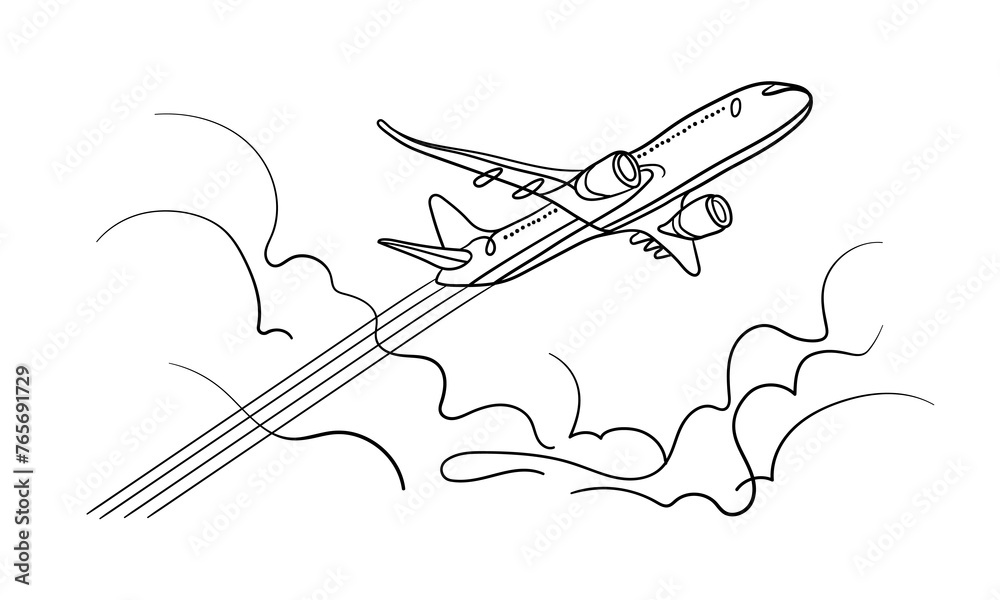Airplane in sky line art drawing isolated on white background ...
