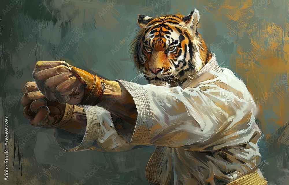 humanoid tiger head man, wearing a karate gi uniform, in a fighting ...