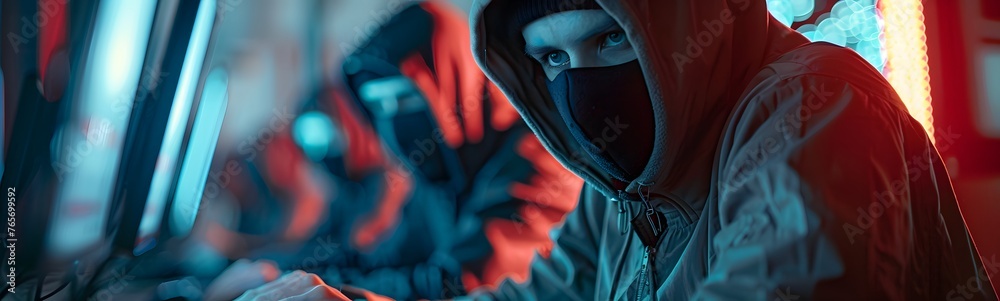 Masked hackers are depicted attempting to break through a digital ...