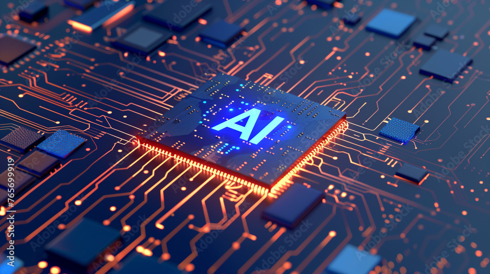 AI Technology on Electronic Circuit Board. 3D illustration of an AI ...