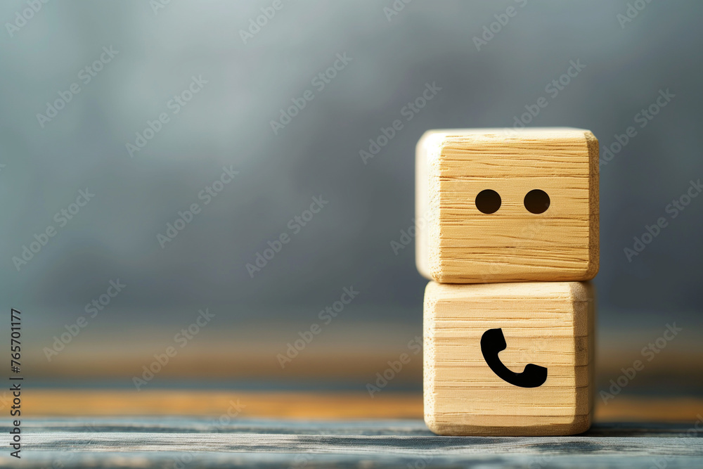Wooden blocks with a smiley face and a phone icon. The concept of ...