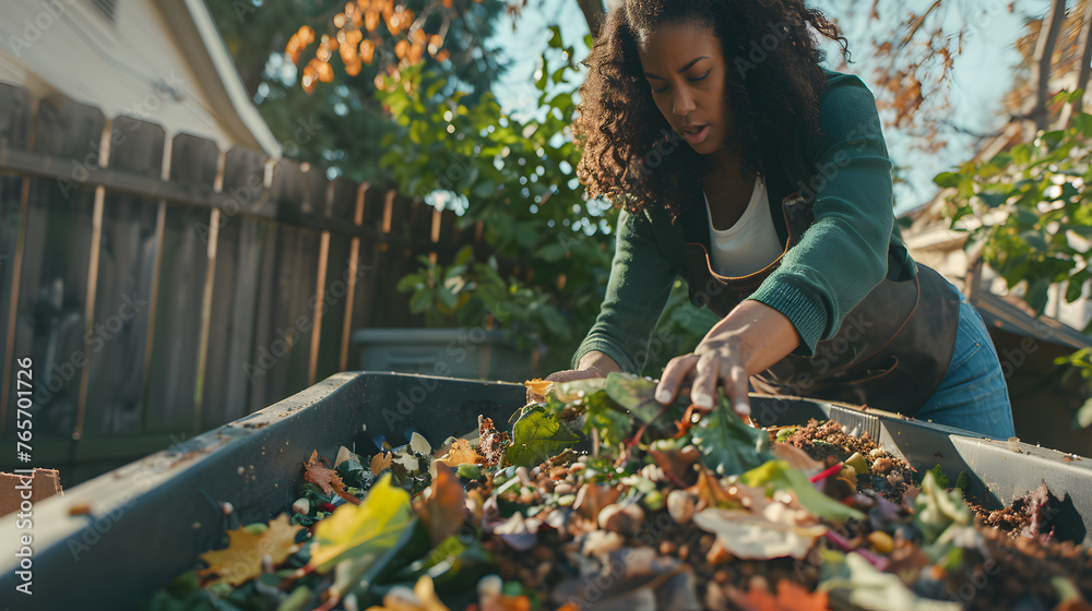 Black long hair woman actively composting food waste into an outdoor ...