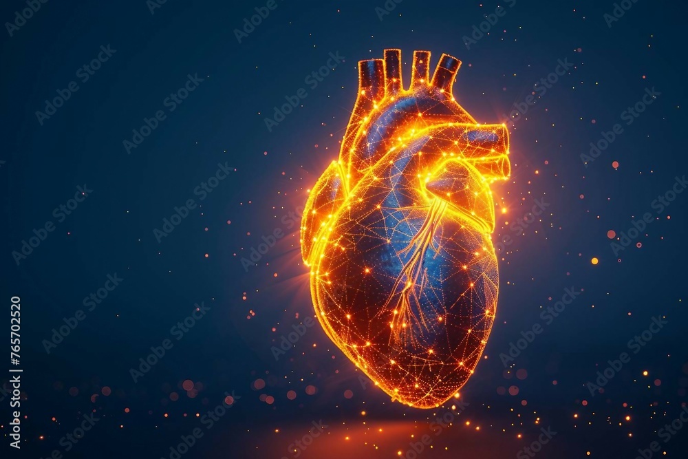 gold High-Tech Digital Human Heart with Low Poly Wireframe on Blue ...