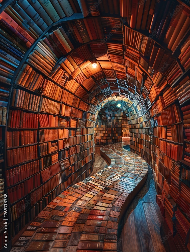 Design a captivating long shot of a winding path made of books with ...