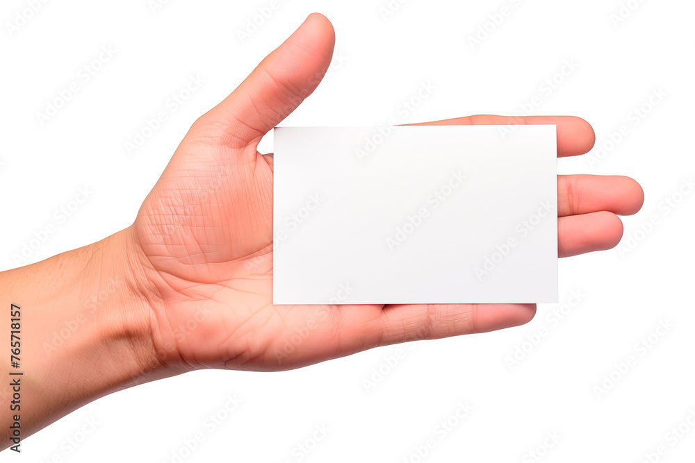 Hand man coming from the left Holding Blank Card with the palm of the ...