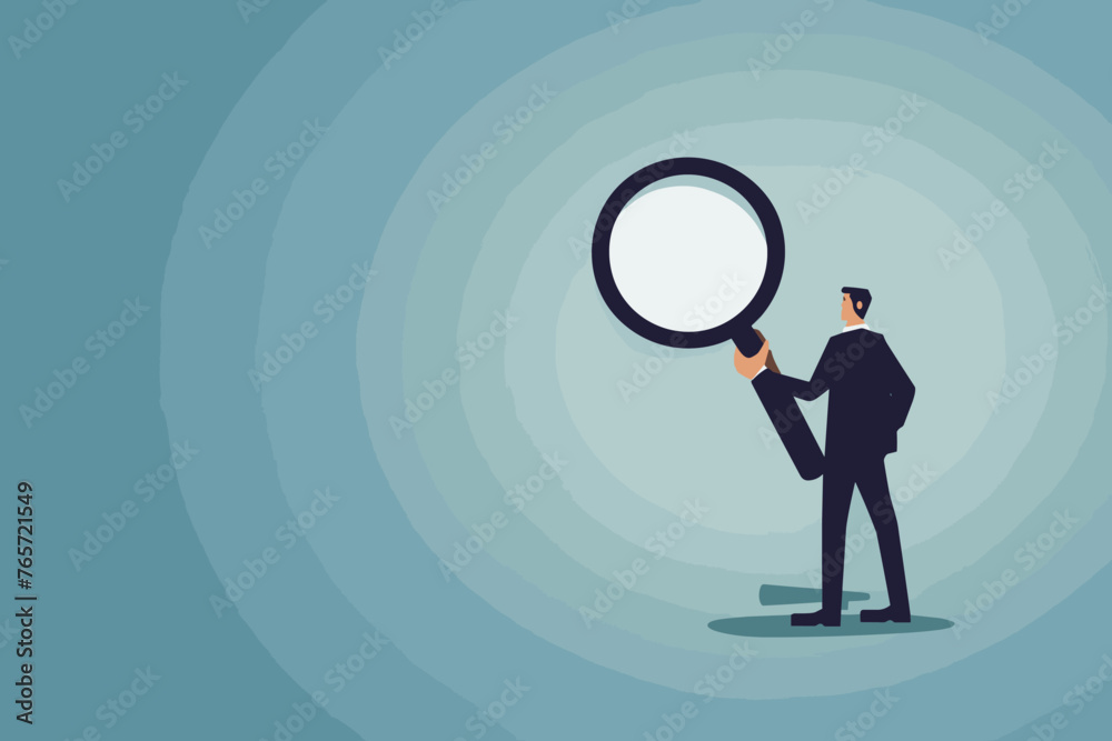 Businessman analyzing problem with magnifying glass to find solution or ...