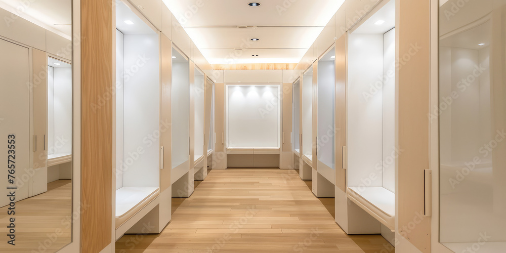 Modern Wooden Fitting Rooms in a Fashion Retail Store. Row of empty ...