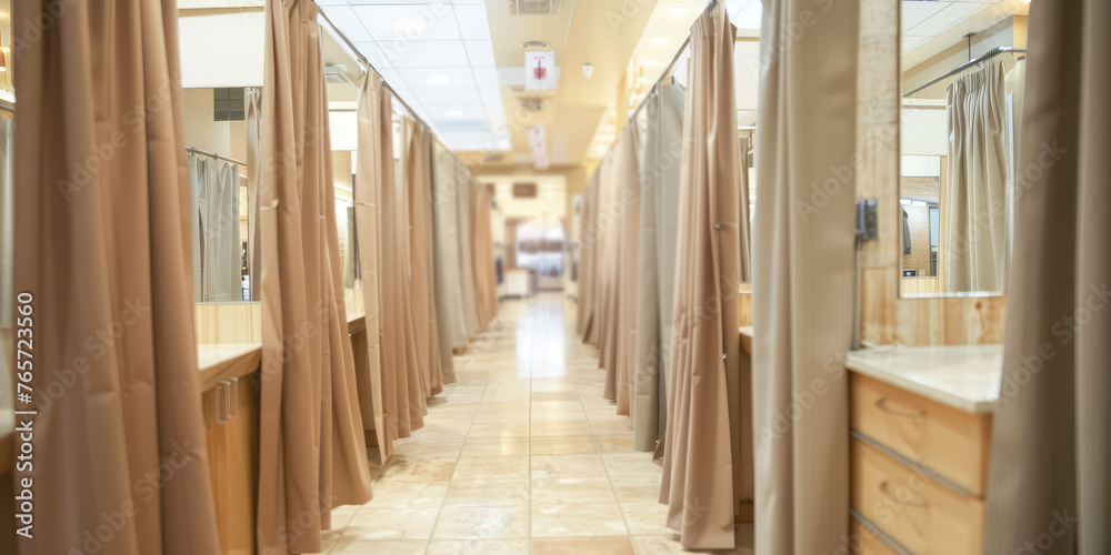 Modern Wooden Fitting Rooms in a Fashion Retail Store. Row of empty ...