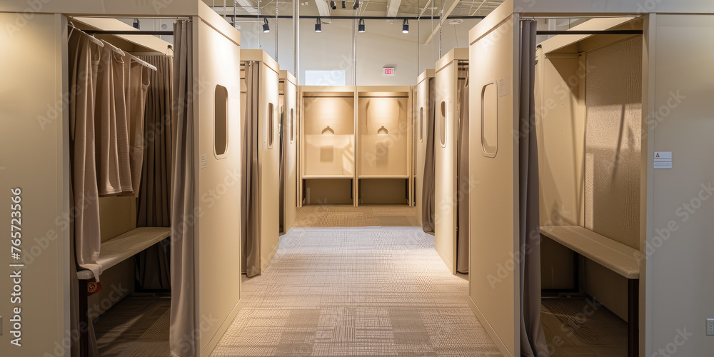 Modern Wooden Fitting Rooms in a Fashion Retail Store. Row of empty ...