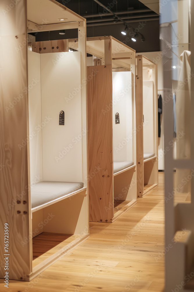 Modern Wooden Fitting Rooms in a Fashion Retail Store. Row of empty ...