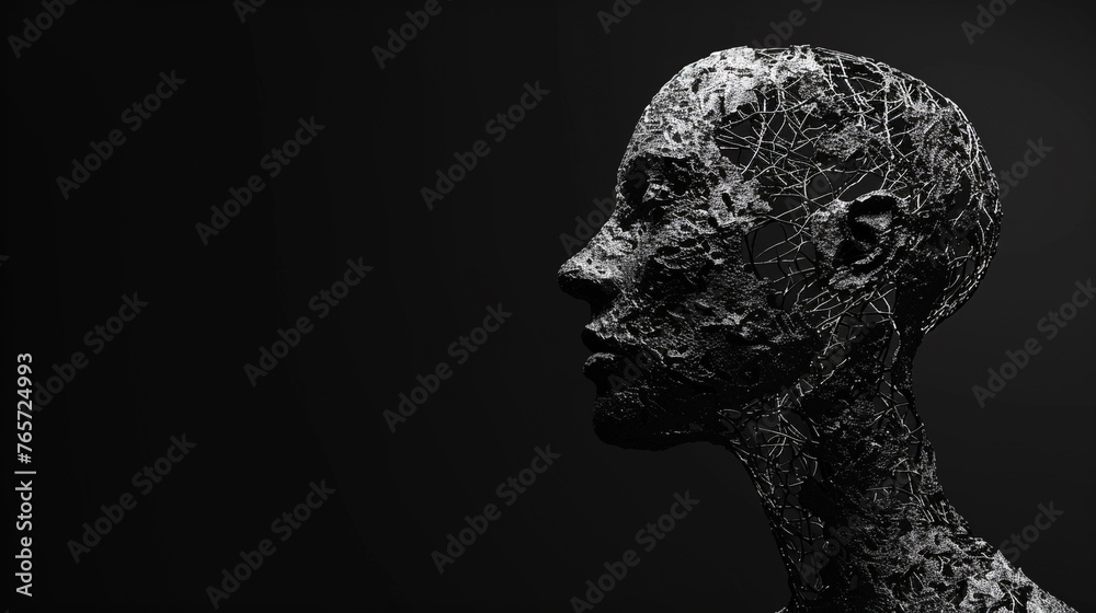 Cinematic head-to-image of an amorphic human form on a black background ...