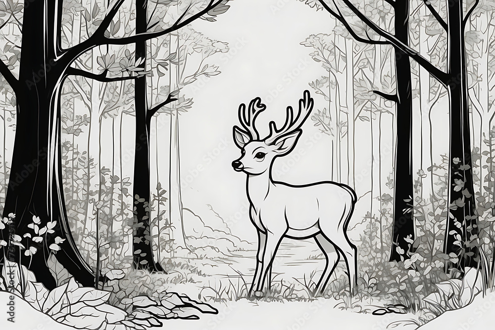 Simple outline of a Cute Deer in nature, cartoon, full body, outline of ...