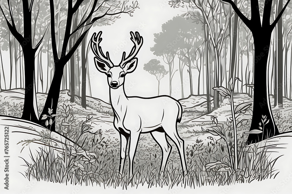 Simple outline of a Cute Deer in nature, cartoon, full body, outline of ...