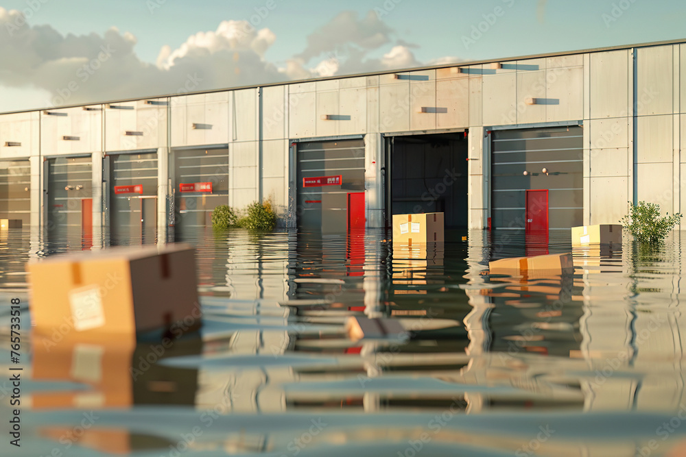 Dynamic angle showing a warehouse with a flooded entrance, parcels ...