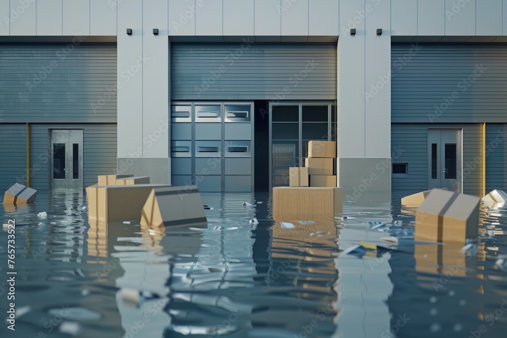 Dynamic angle showing a warehouse with a flooded entrance, parcels ...