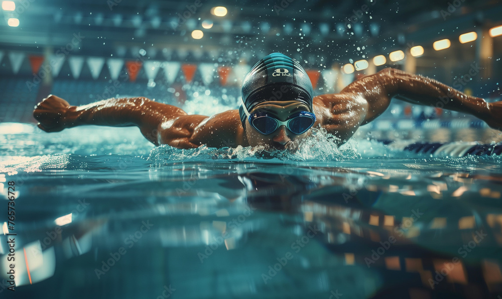 Swim competition swimmer athlete doing crawl stroke in swimming pool ...