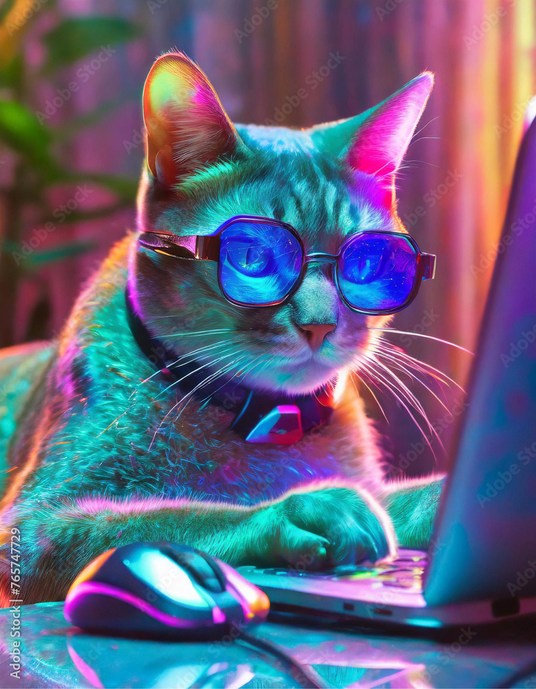 Ilustração de um gato humanizado, usando óculos, concentrado ...