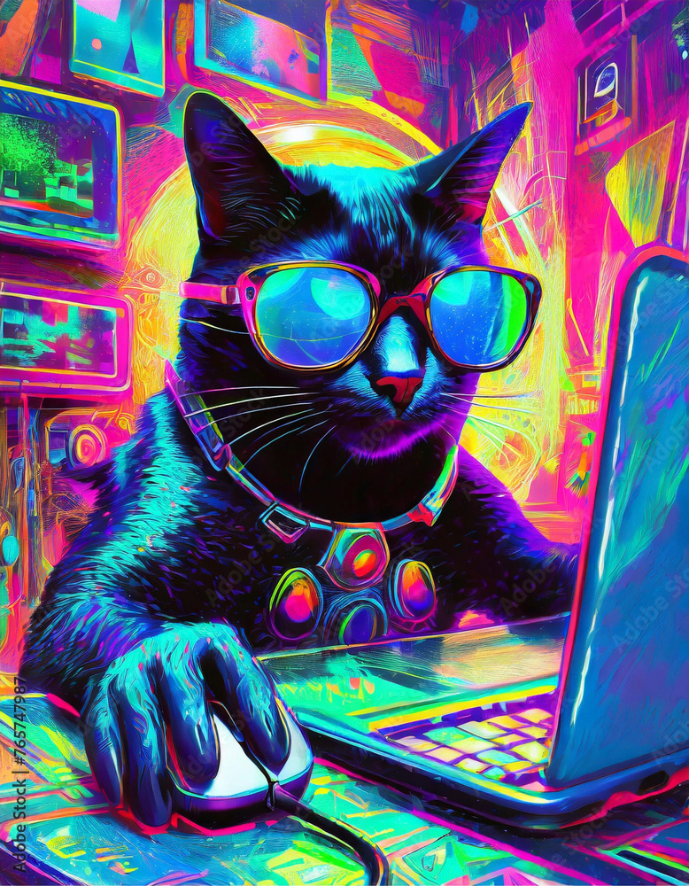 Ilustração de um gato humanizado, usando óculos, concentrado ...