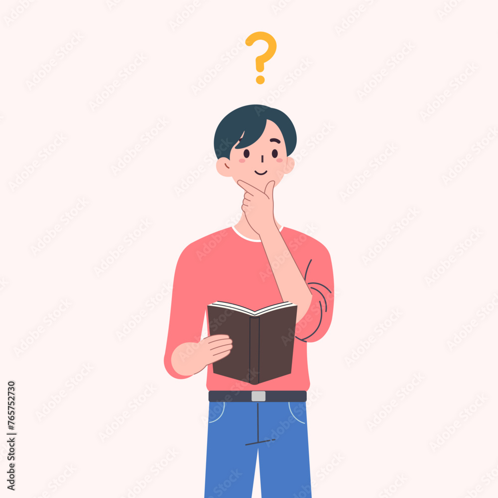 Cartoon Young man holding a book with question mark in the air,thought ...