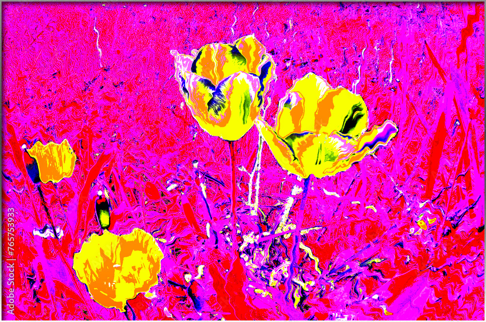 Abstract, psychedelic colors highlighting a trio of altered poppy ...