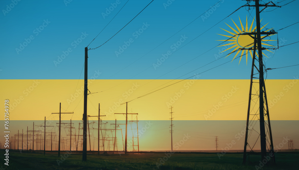 Rwanda flag on electric pole background. Power shortage and increased energy consumption in ...