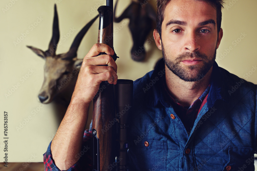 Hunting, trophy and portrait of man with gun for game shooting ...