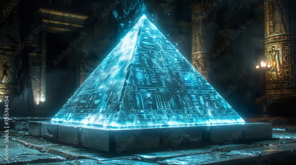 A mystical glowing pyramid etched with ancient symbols radiates light ...