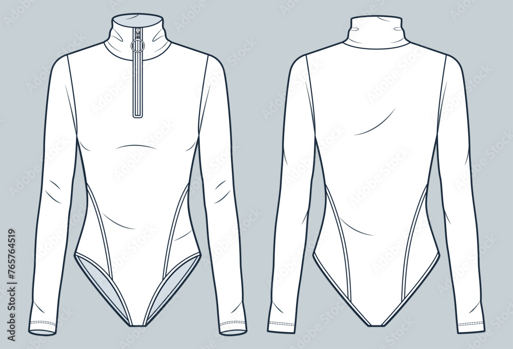 Roll Neck Bodysuit technical fashion illustration. Long Sleeve Bodysuit ...