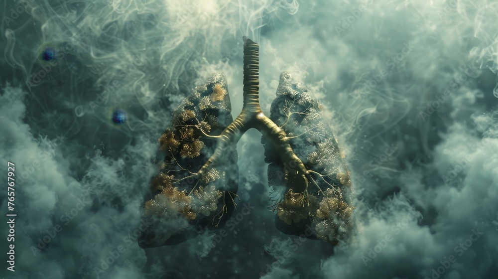 A haunting depiction of diseased lungs surrounded by thick smoke ...