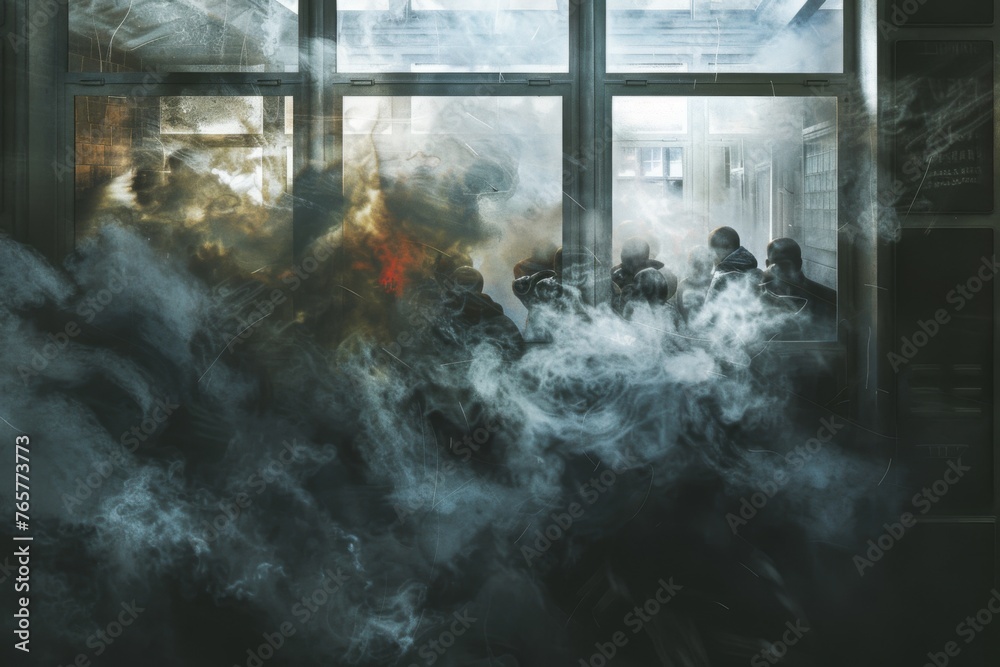 Smoke billows out from shattered windows as people escape through ...