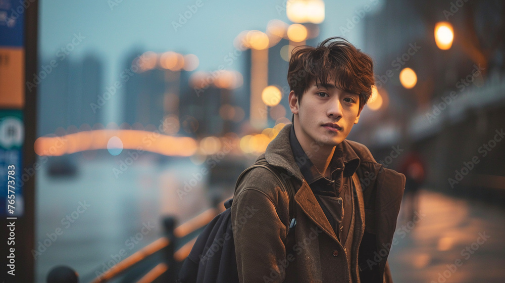 An elegant young man walking along the riverfront in Guangzhou. He has ...