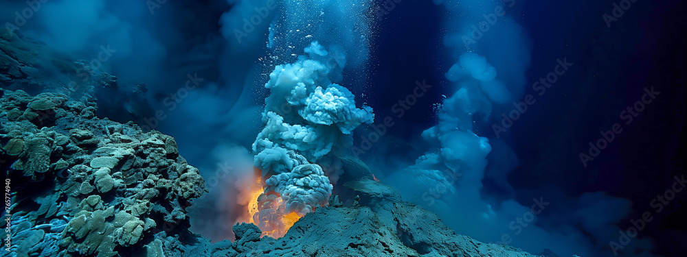 Vivid Underwater Volcanic Eruption with Coral Reefs Stock Illustration ...