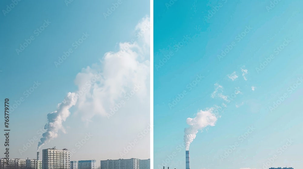 A visual comparison between clean air and polluted air, with clear blue ...