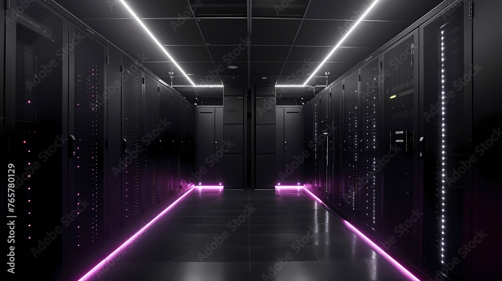 Asleek, metallic server rack emitting a soft glow in a dimly lit server ...