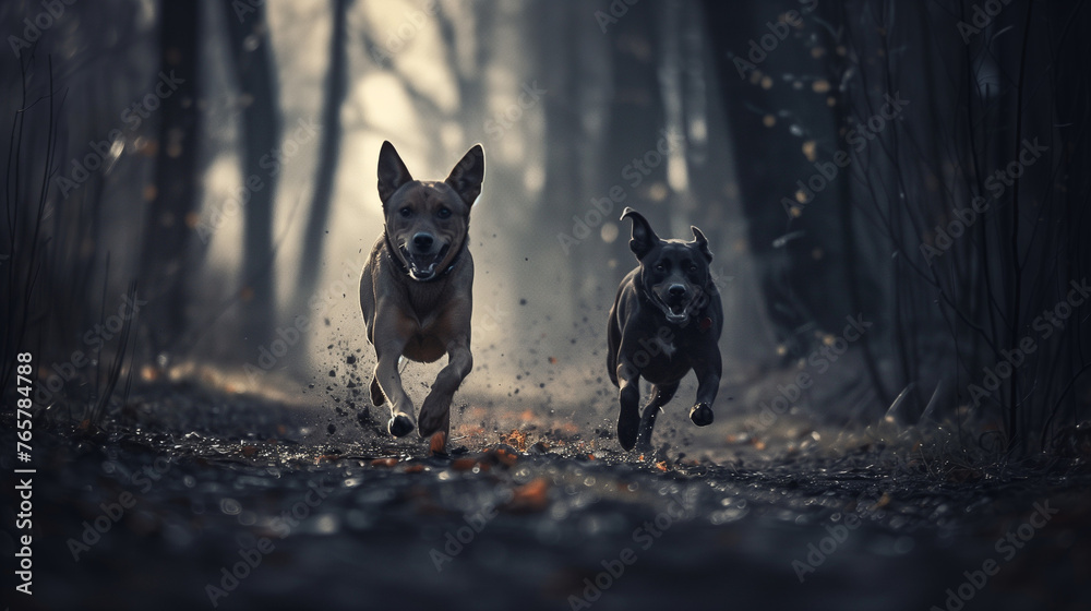scary wild dogs at the dark forest running after you and ready to attac ...