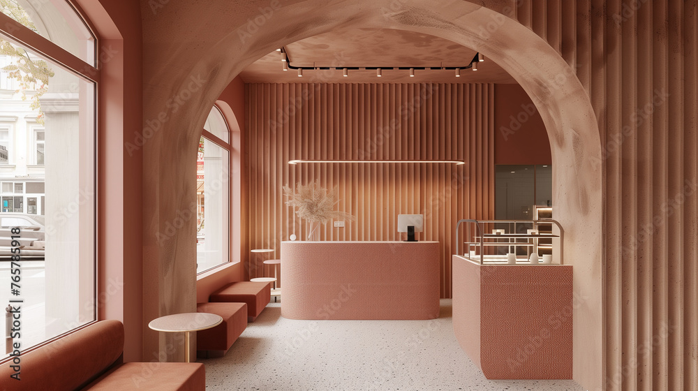 Terracotta Elegance. A modern and elegant interior of a cafe or retail ...