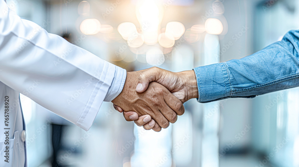 Two people shaking hands in a hospital hallway. The handshake is a ...