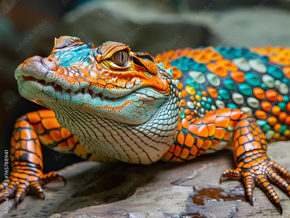 A caiman with scales colored in contrasting complementary hues, like ...