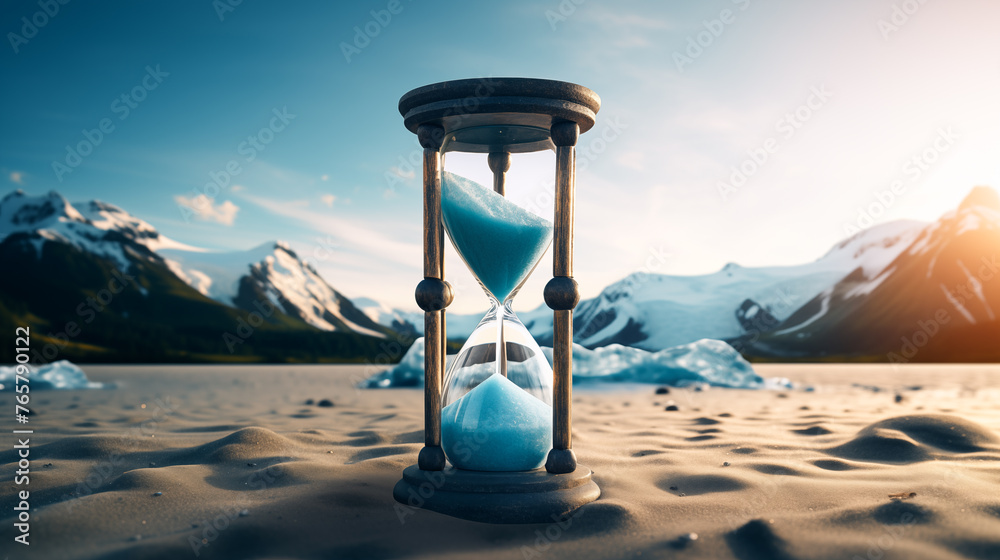 Hourglass on a sandy ground against a sinking icebergs in the ocean ...