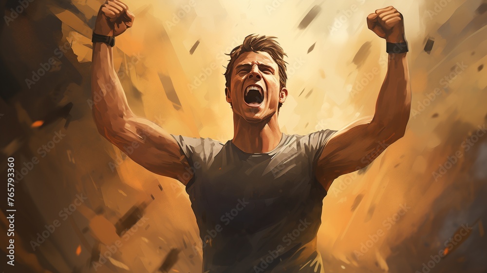 Illustrate the powerful moment of a strong athlete raising hands up and ...