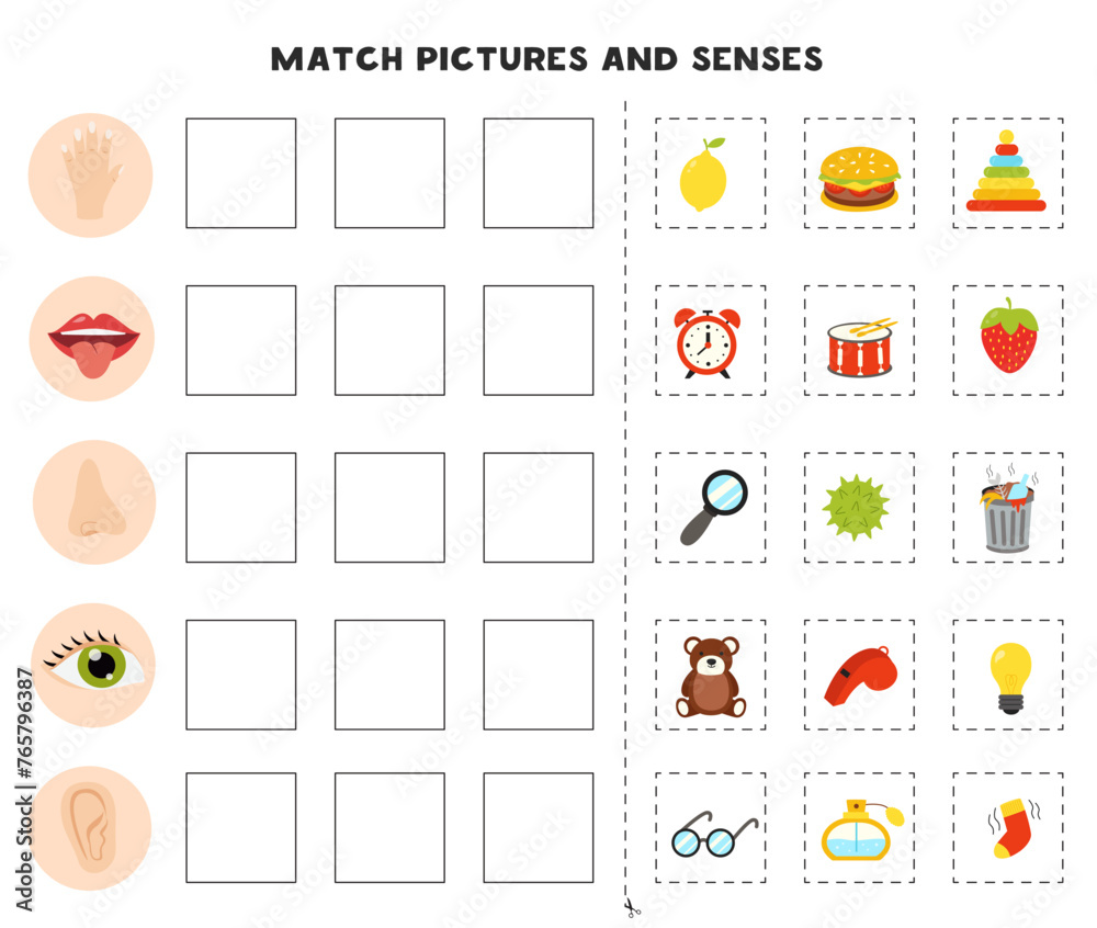 Match of sense organs and objects. Educational worksheet for kids ...