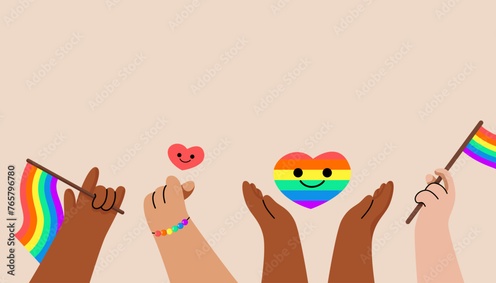 Vector illustration with hands of different skin colors holding flags ...