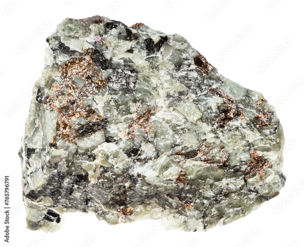 close up of sample of natural stone from geological collection - raw nepheline with titanite and ...