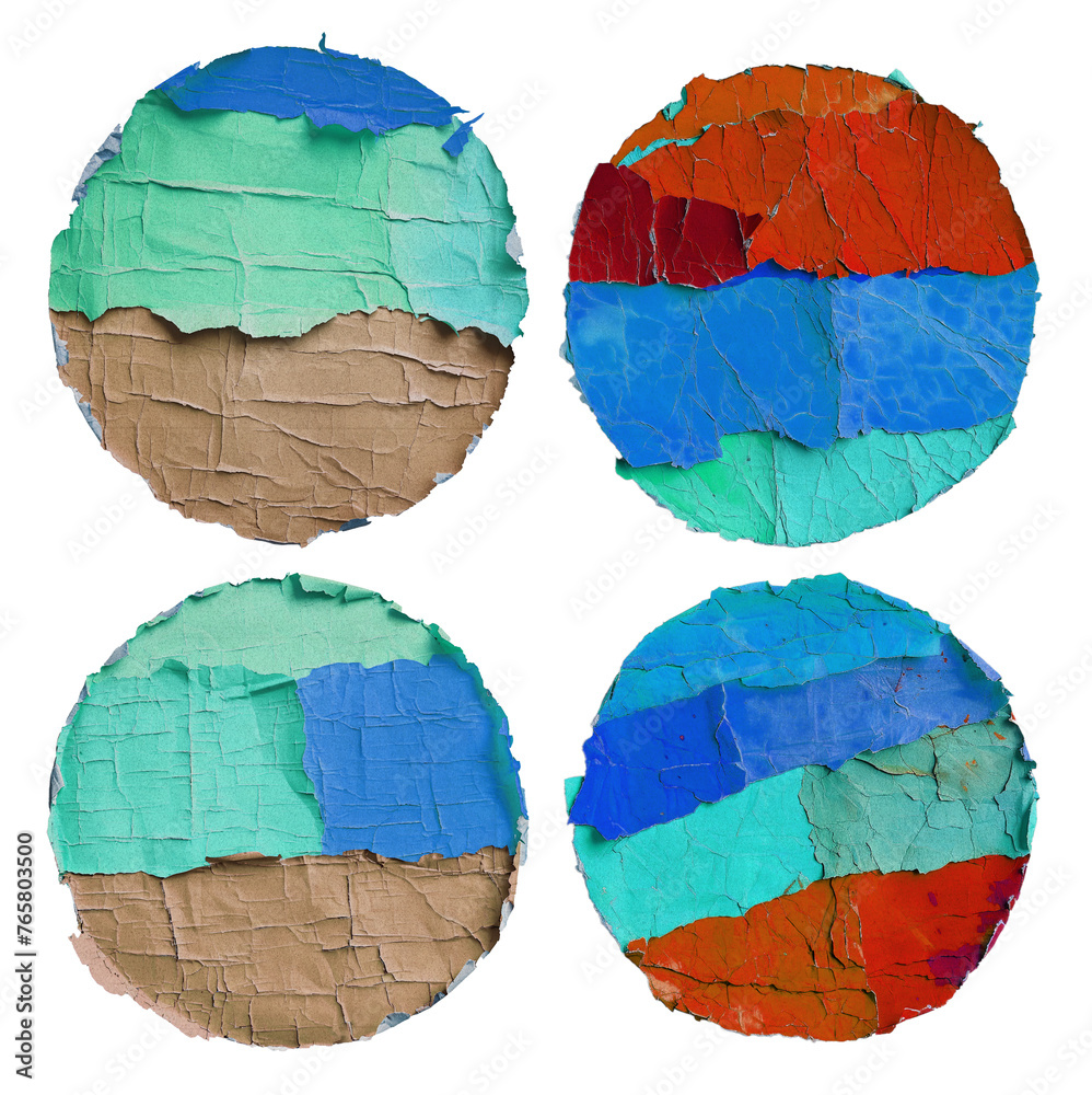 set of round torn paper sticker with different color layers on white ...