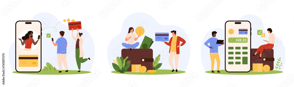 Digital payment and transaction in bank account set. Tiny people ...