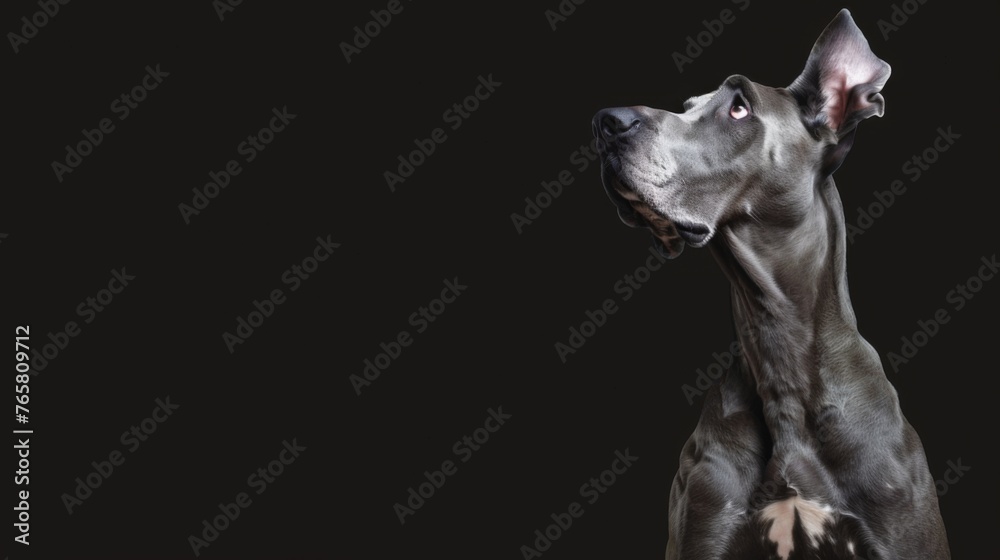 A dignified Great Dane poses in a studio setting, its sleek grey coat ...