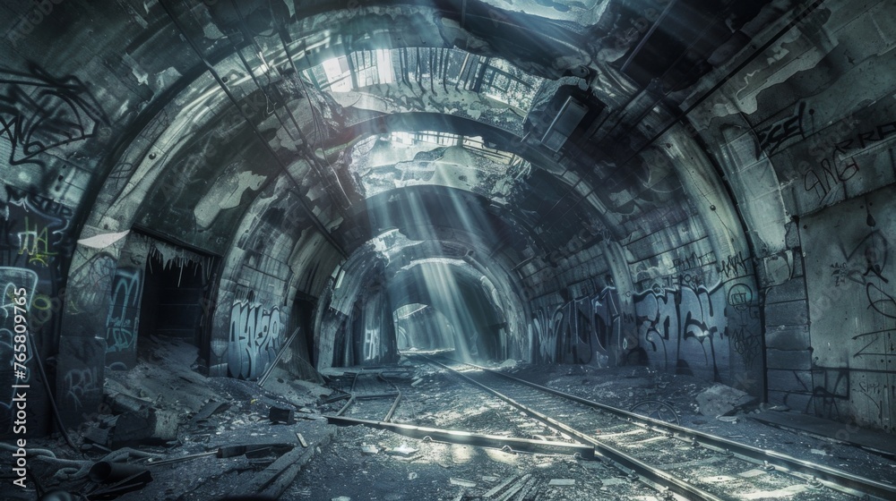 Abandoned Subway Tunnel with Sunlight Rays and Graffiti. Post ...