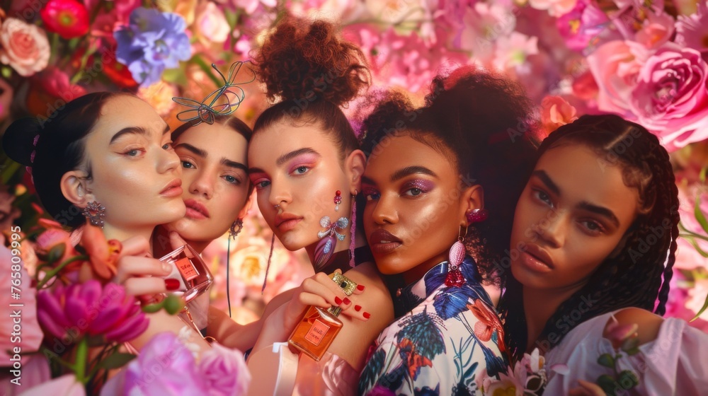 In a floral utopia, a circle of Gen Z women confidently pose with ...