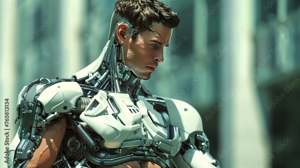 Visualize a striking image of a man with a muscular robot physique ...