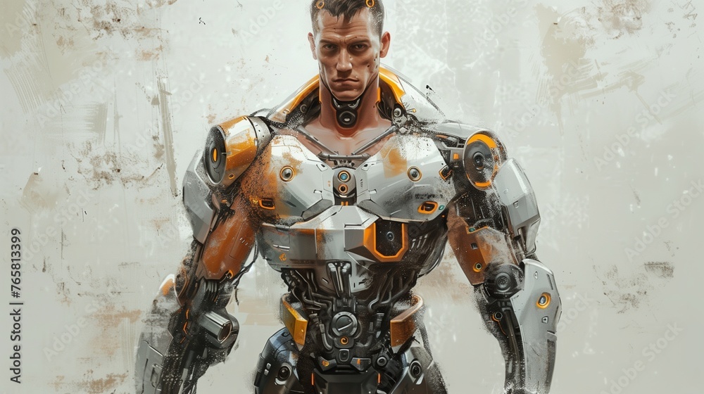 Visualize a striking image of a man with a muscular robot physique ...